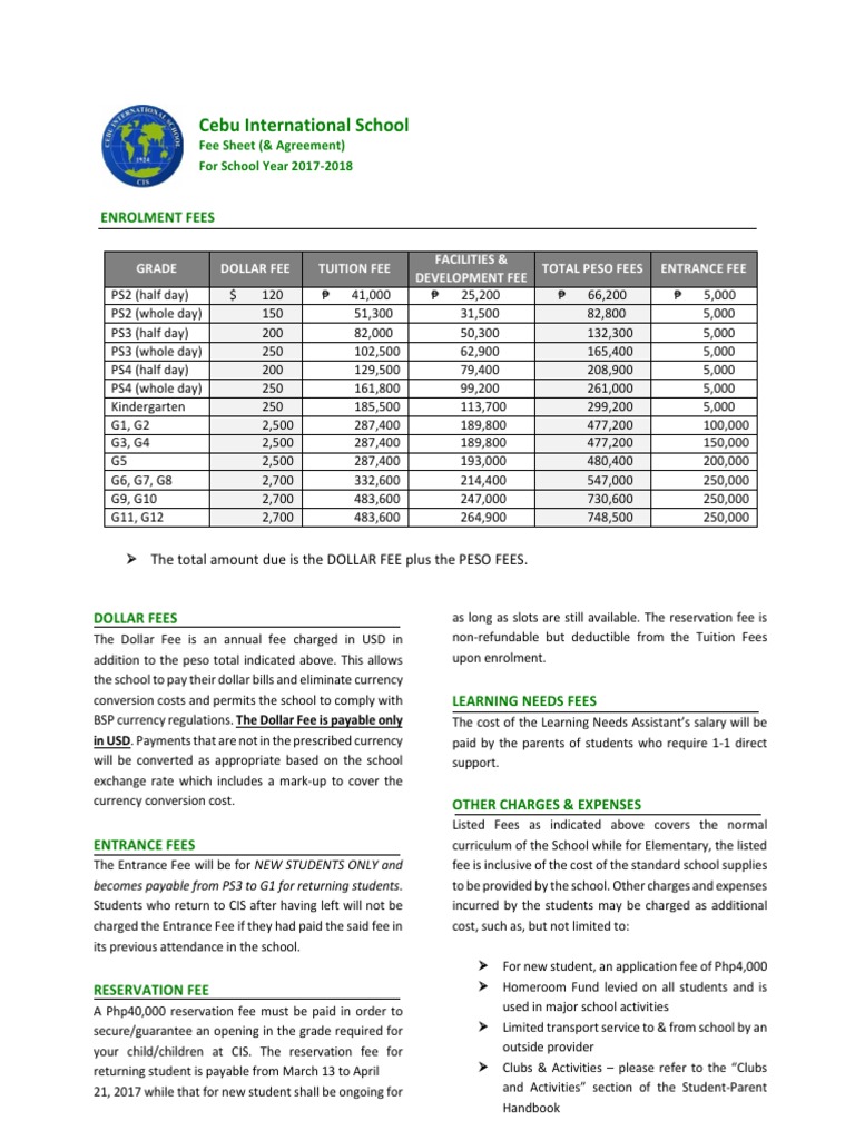CIS School Fees Sheet SY1718 | PDF | Fee | Credit Card