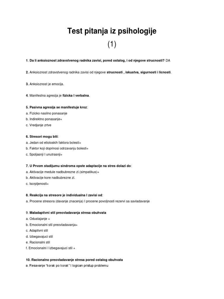 Test Pitanja Iz Psihologije 1 | PDF