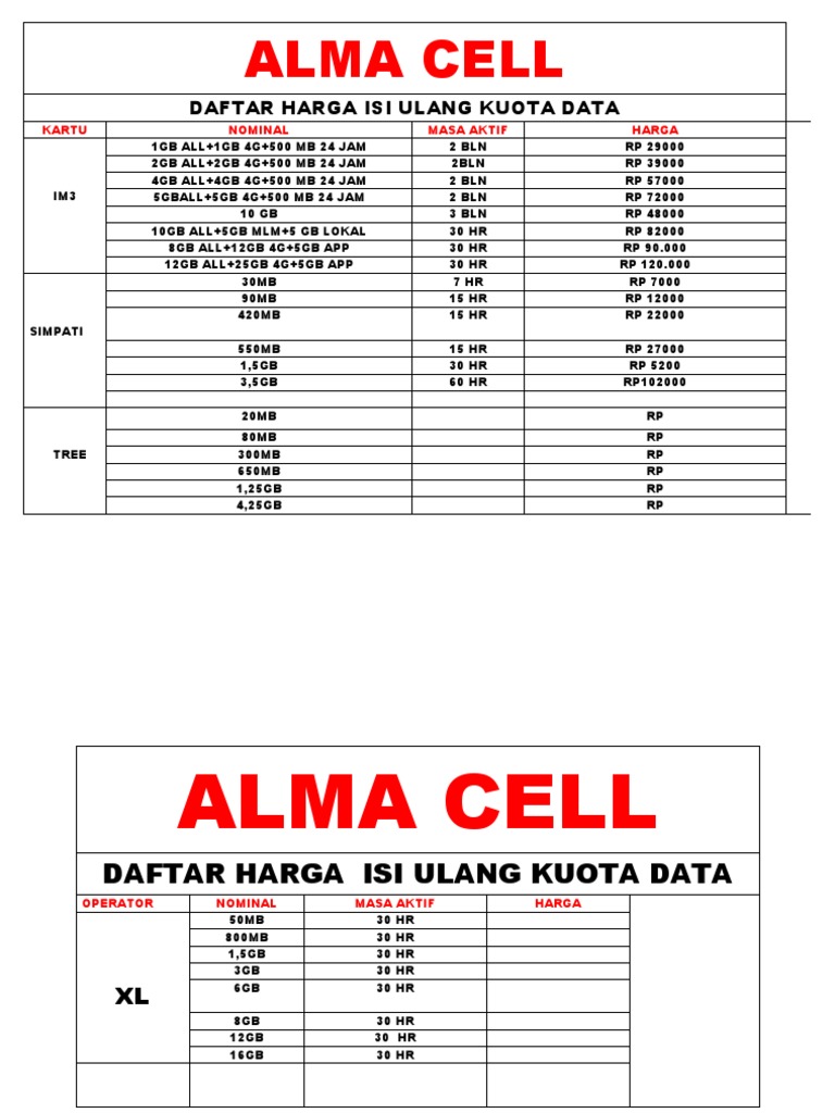 Alma Cell: Daftar Harga Isi Ulang Kuota Data | PDF