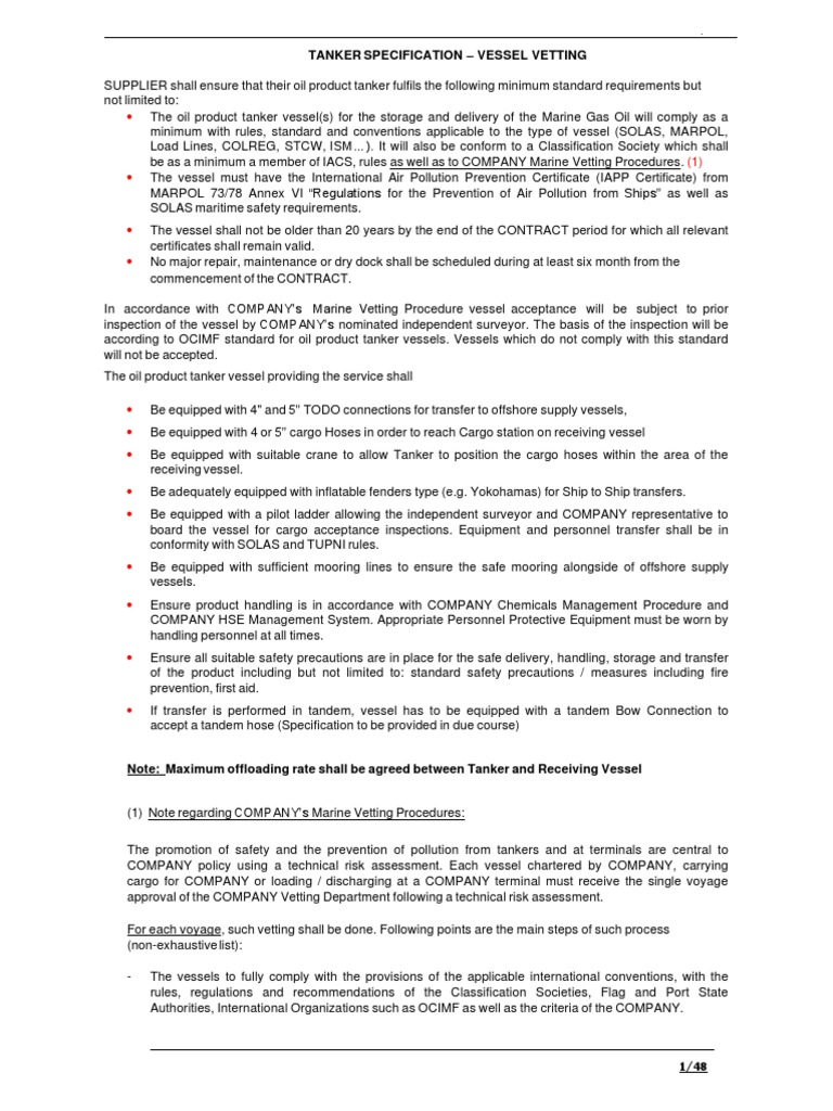 Oil Tanker Vetting Specifications | PDF | Oil Tanker | Ships