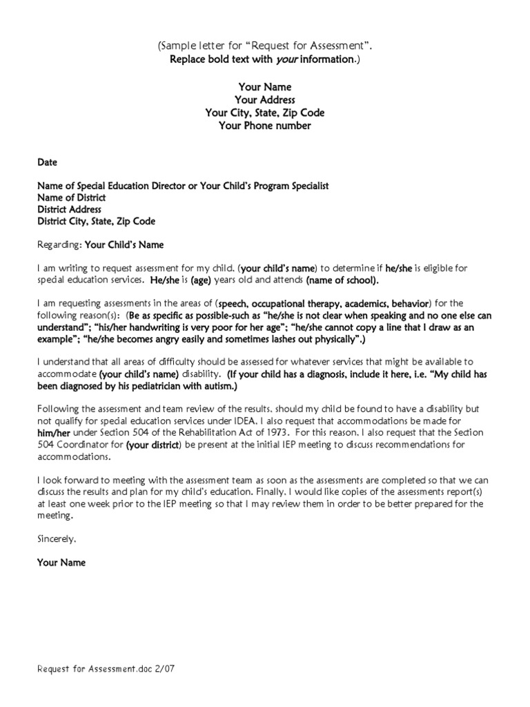 (Sample Letter For "Request For Assessment" | PDF | Individualized ...