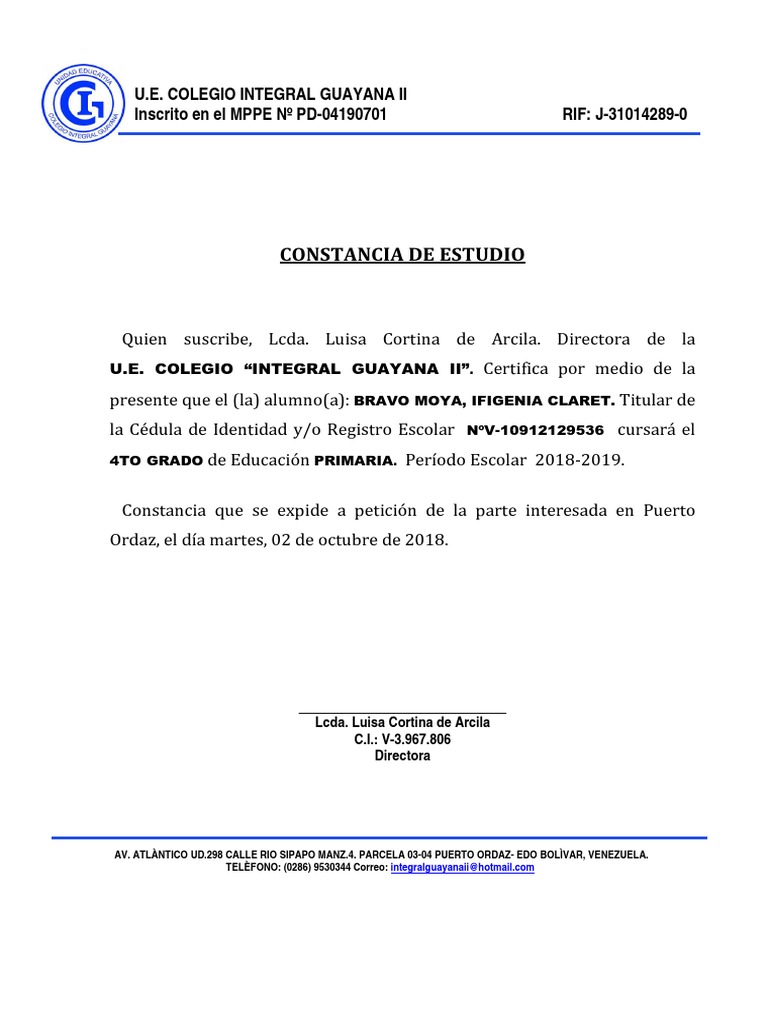 Constancia de Estudio Colegio Integral Guayana | PDF