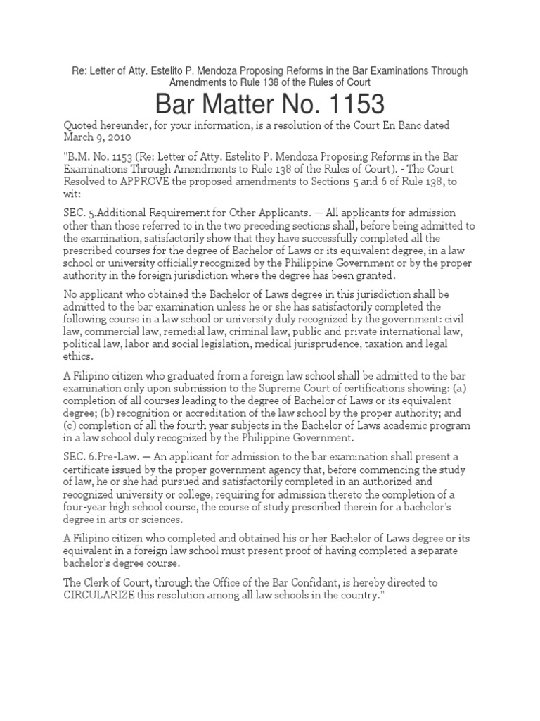 In Re Bar Matter 1153 Re Letter of Atty Estelito Mendoza Proposing ... In Re Bar Matter 1153 Re Letter of Atty Estelito Mendoza Proposing ...