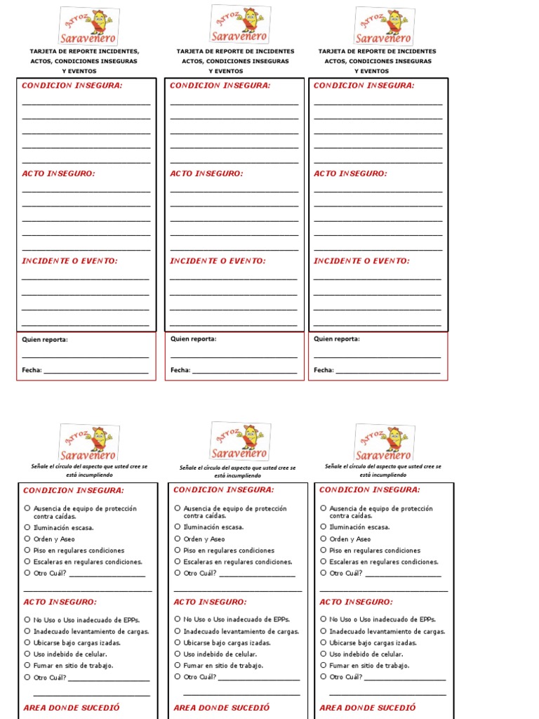 Tarjeta de Reporte de Actos y Condiciones Inseguras | PDF | Violencia ...
