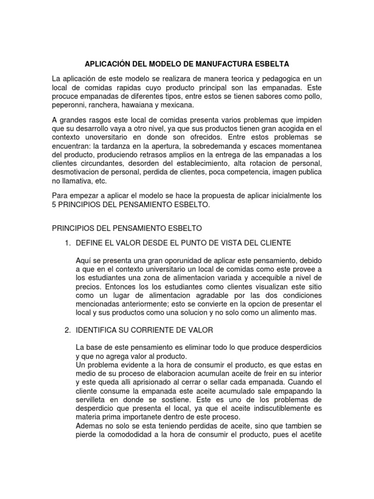 Aplicación de los cinco principios de la manufactura esbelta para mejorar la producción y ...