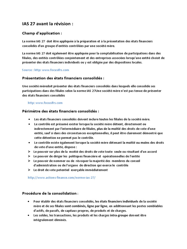 IAS 27 Avant La Révision Et Aprés La Révision | PDF | Normes internationales d'information ...
