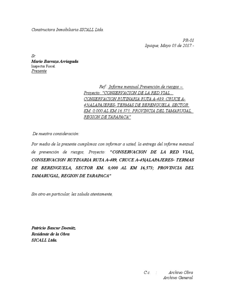 Carta - Informe Mensual SICALL | PDF