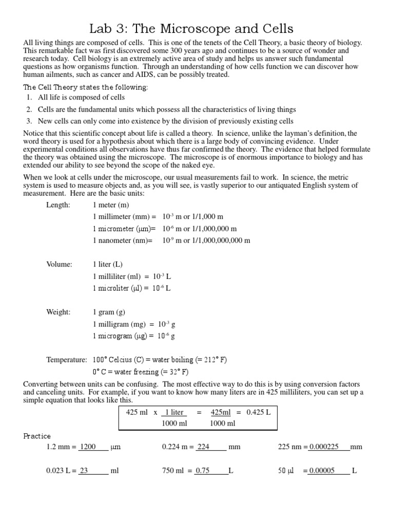 Answer Key Lab Microscopes and Cells | PDF | Microscope | Theory