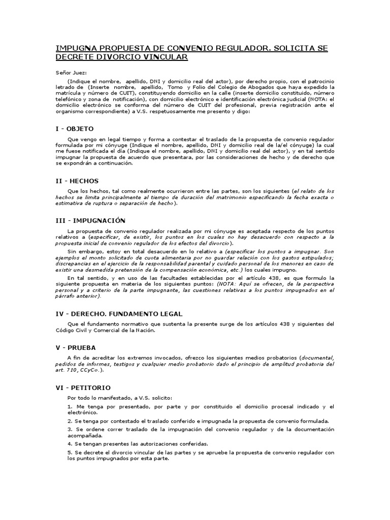 Impugna Propuesta De Convenio Regulador Solicita Se Decrete Divorcio