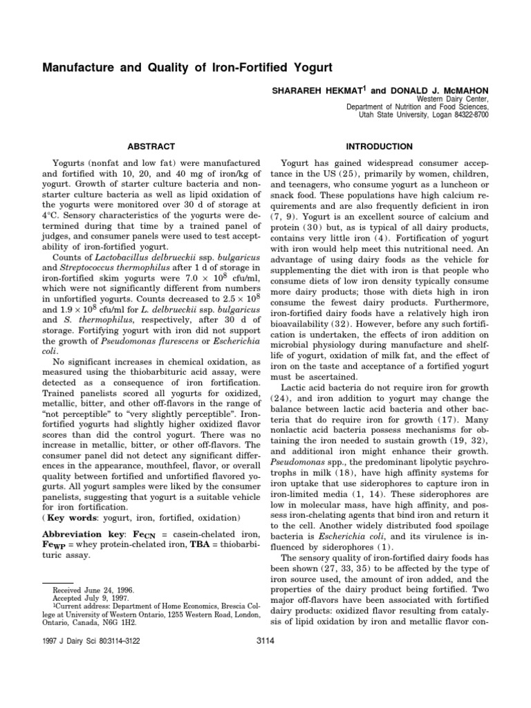 Manufacture and Quality of Iron-Fortified Yogurt | PDF | Yogurt | Iron