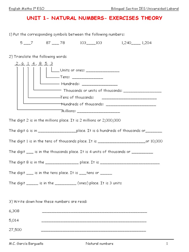 Natural Numbers Exercises for 1º ESO | PDF | Arithmetic | Discrete ...