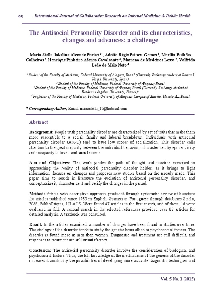 The Antisocial Personality Disorder and Its Characteristics, Changes ...