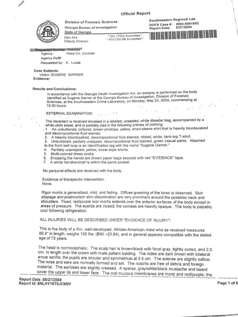 Eugene Garner's Autopsy Report | PDF