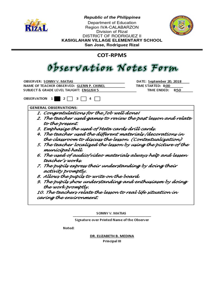 Classroom Observation Tool (COT) | PDF | Curriculum | Learning