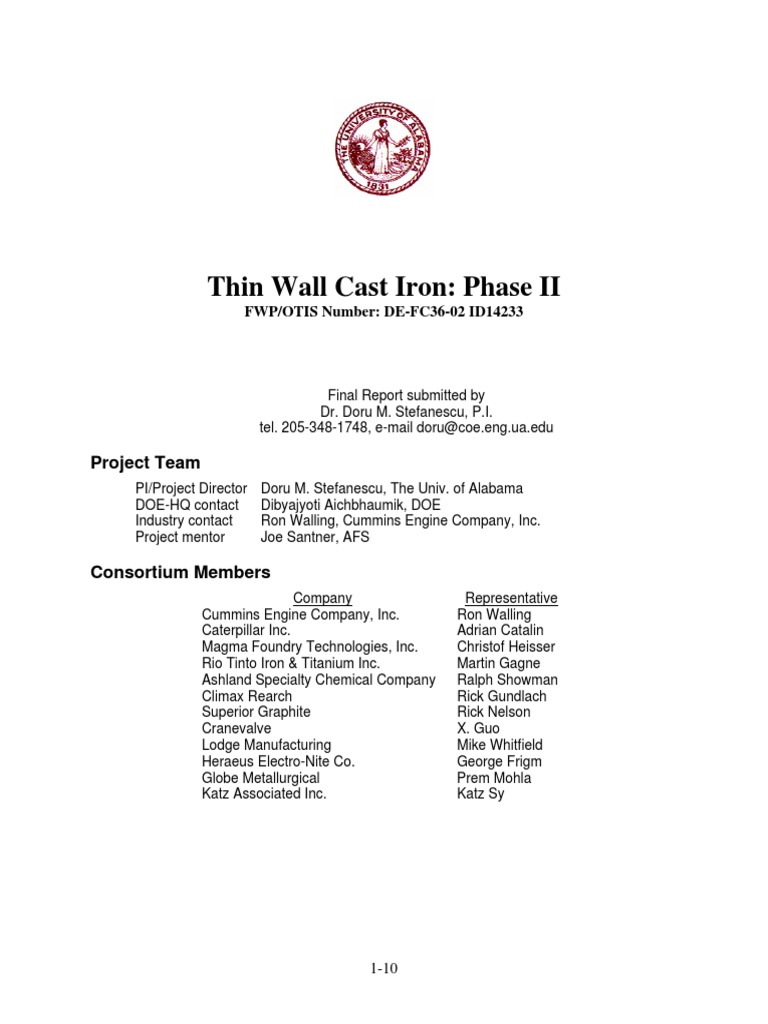 Thin Wall Cast Iron: Phase II: Project Team | PDF | Casting ...