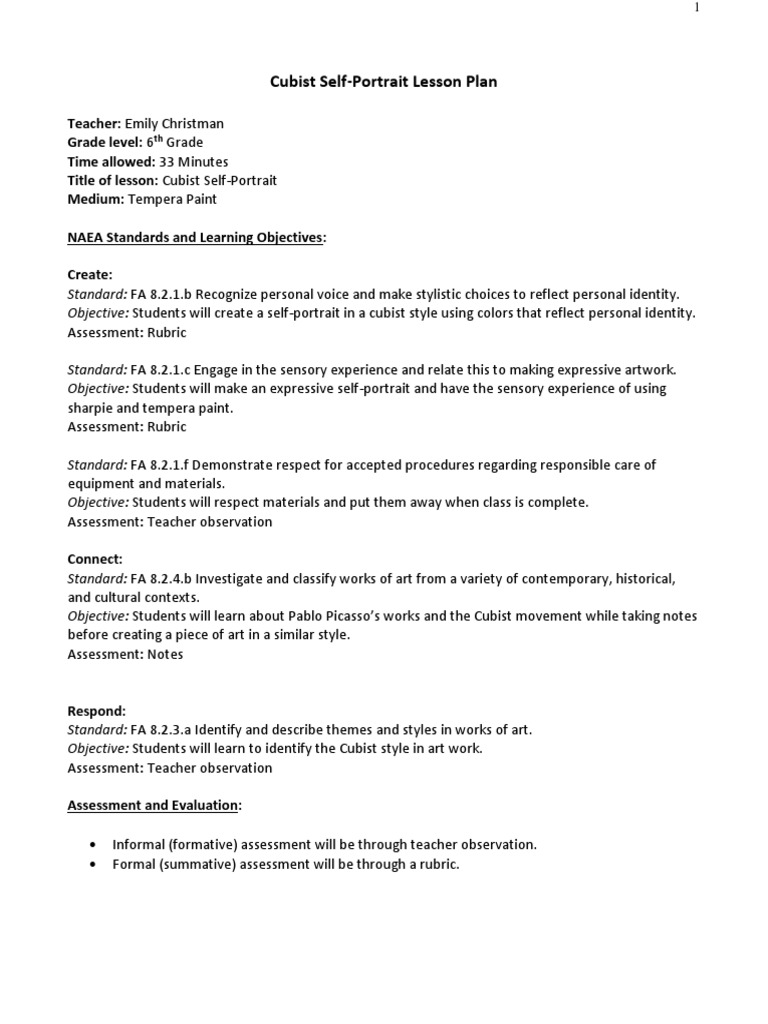 Cubist Self-Portrait Lesson Plan | PDF | Cubism | Collage