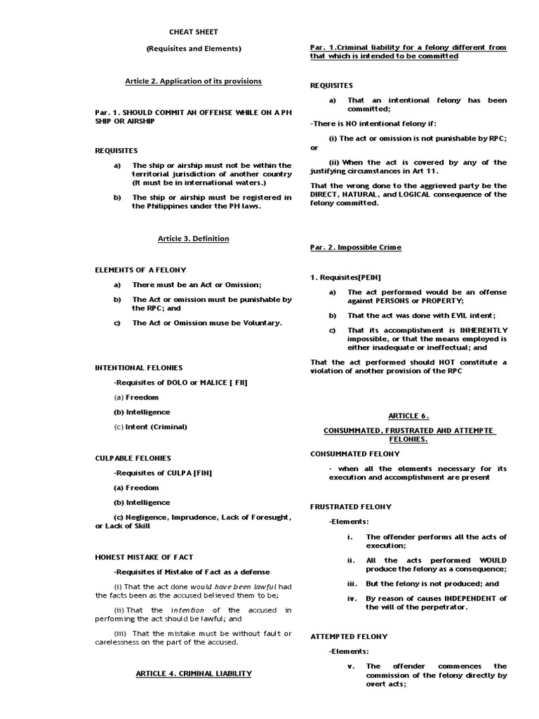 Cheat Sheet (Requisites and Elements) | PDF | Felony | Crime & Violence