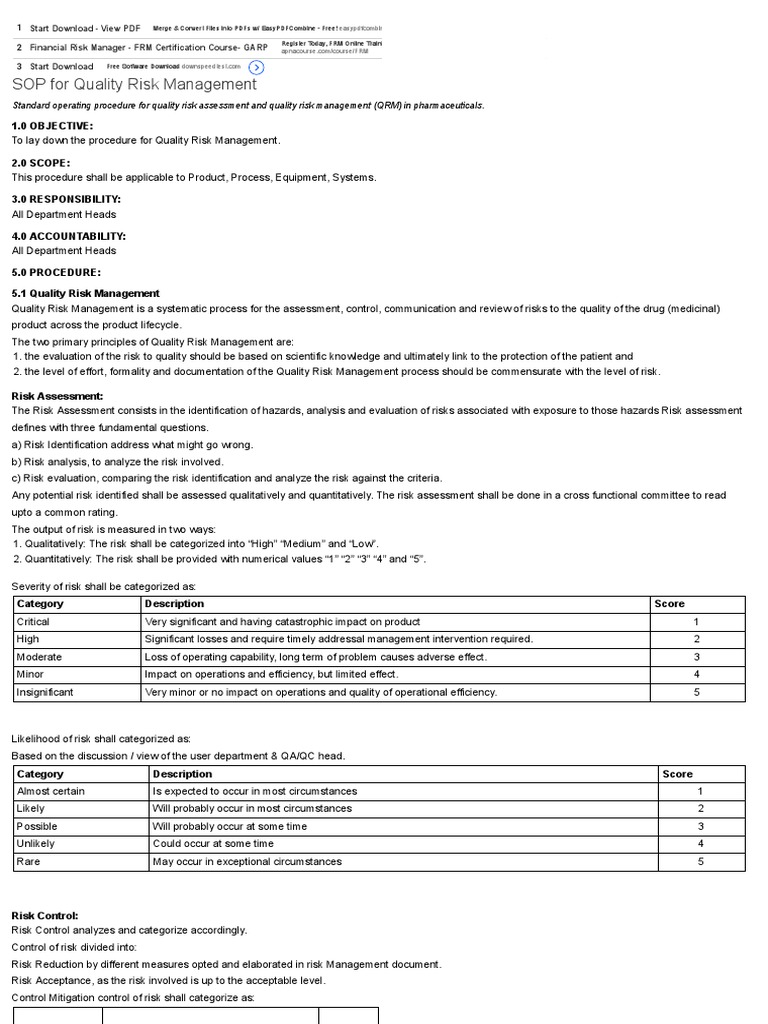 SOP For Quality Risk Management - Pharmaceutical Guidelines PDF | PDF ...