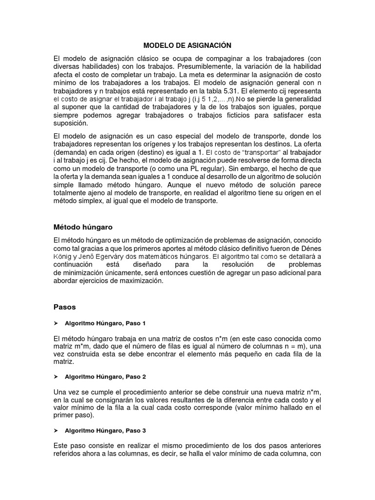 Modelo de Asignación | PDF | Matriz (Matemáticas) | Algoritmos