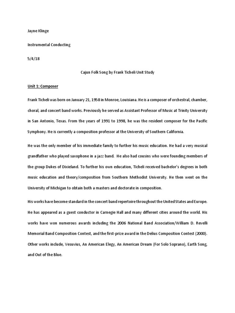 Music 518 Cajun Folk Song Unit Study | PDF | Saxophone | Classical Music