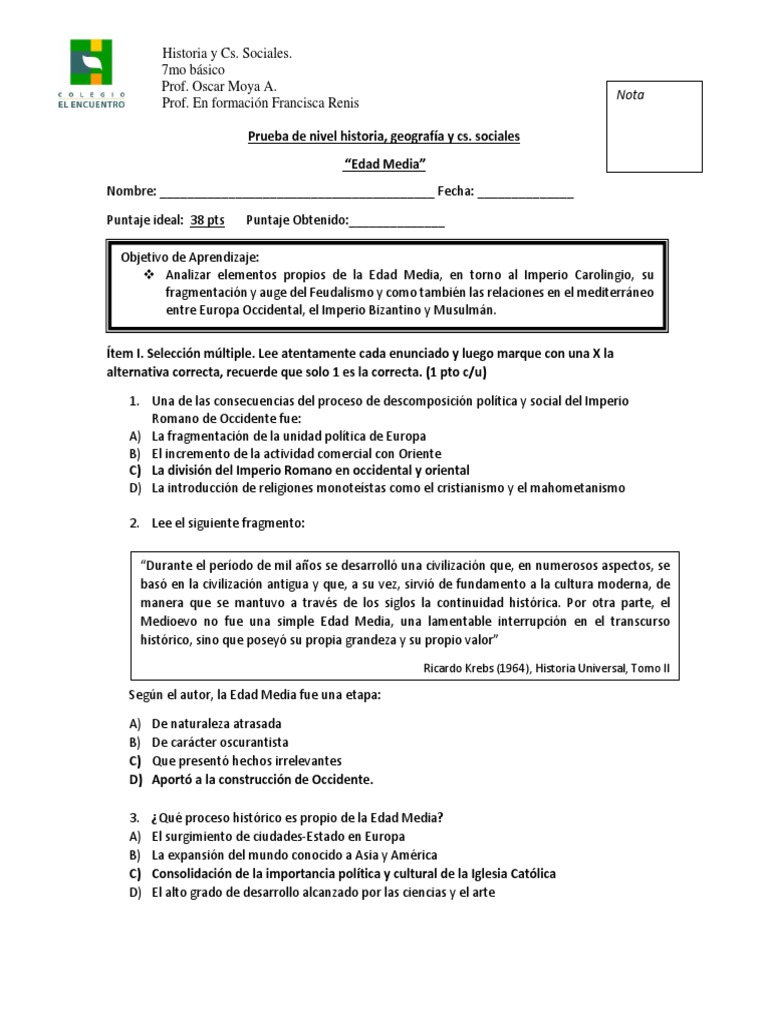 Prueba Edad Media Séptimo Básico | Edades medias | Mundo occidental