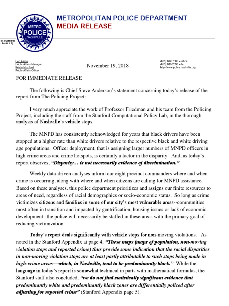 Chief Anderson's Statement On Report of The Policing Project | PDF ...