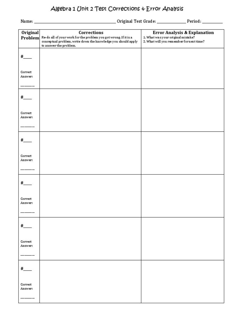 Algebra 1 Unit 2 Test Corrections Form | PDF