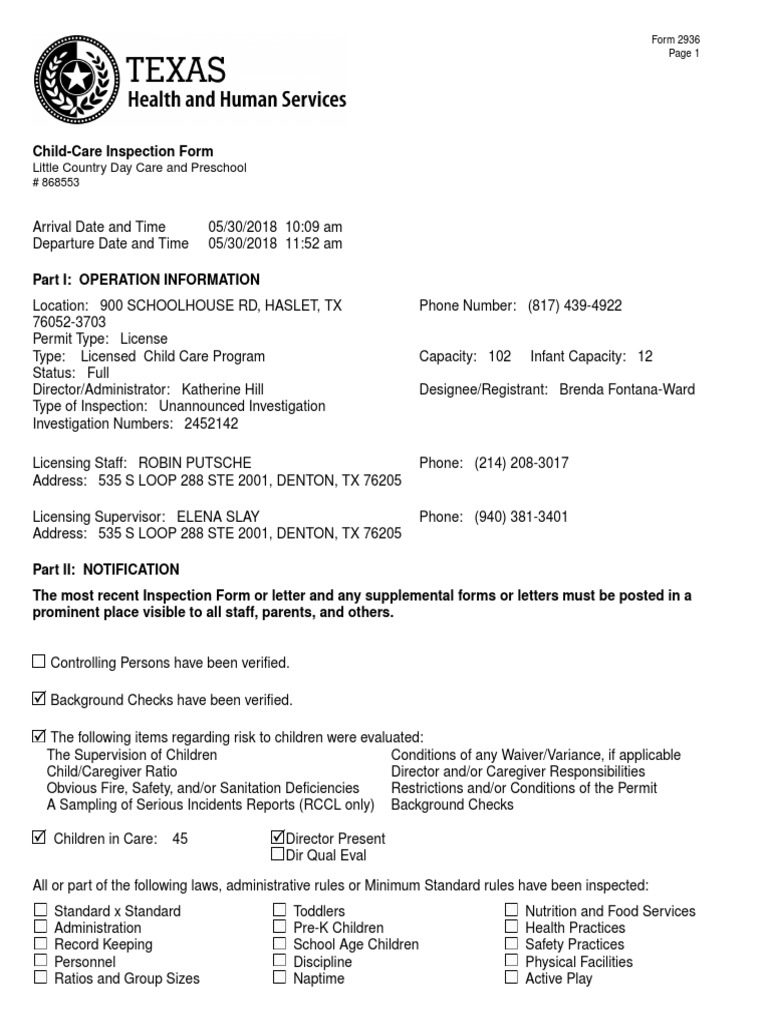 Child-Care Inspection Form: Little Country Day Care and Preschool | PDF ...