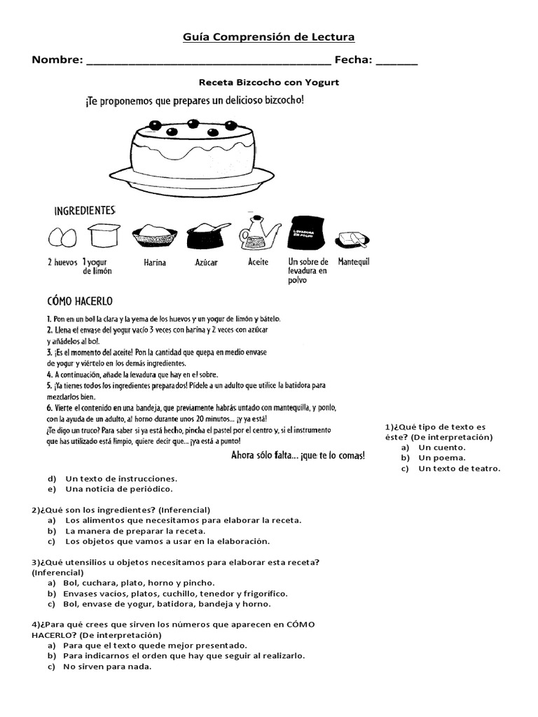 Comprensión Lectora: Receta Bizcocho | PDF | Alimentos | Ocio