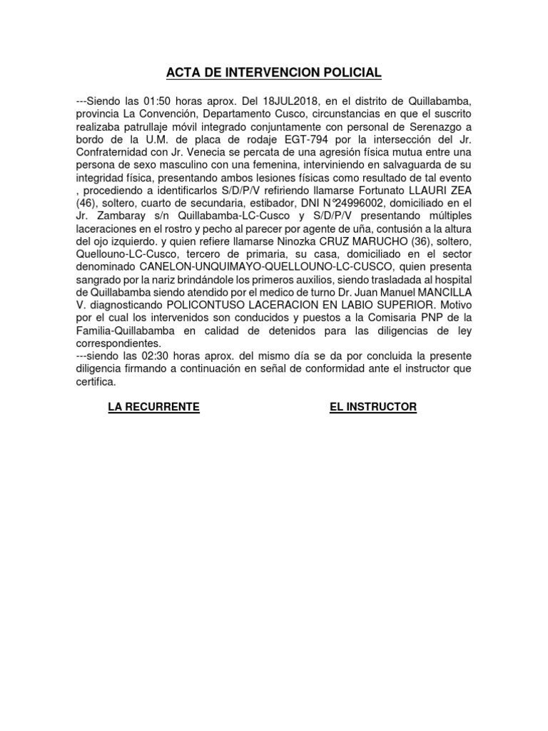 Acta de Intervencion Policial | PDF