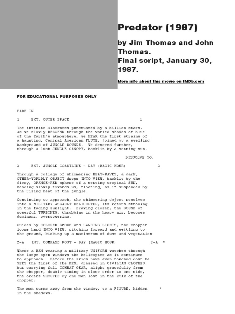 Predator (1987) : by Jim Thomas and John Thomas. Final Script, January ...