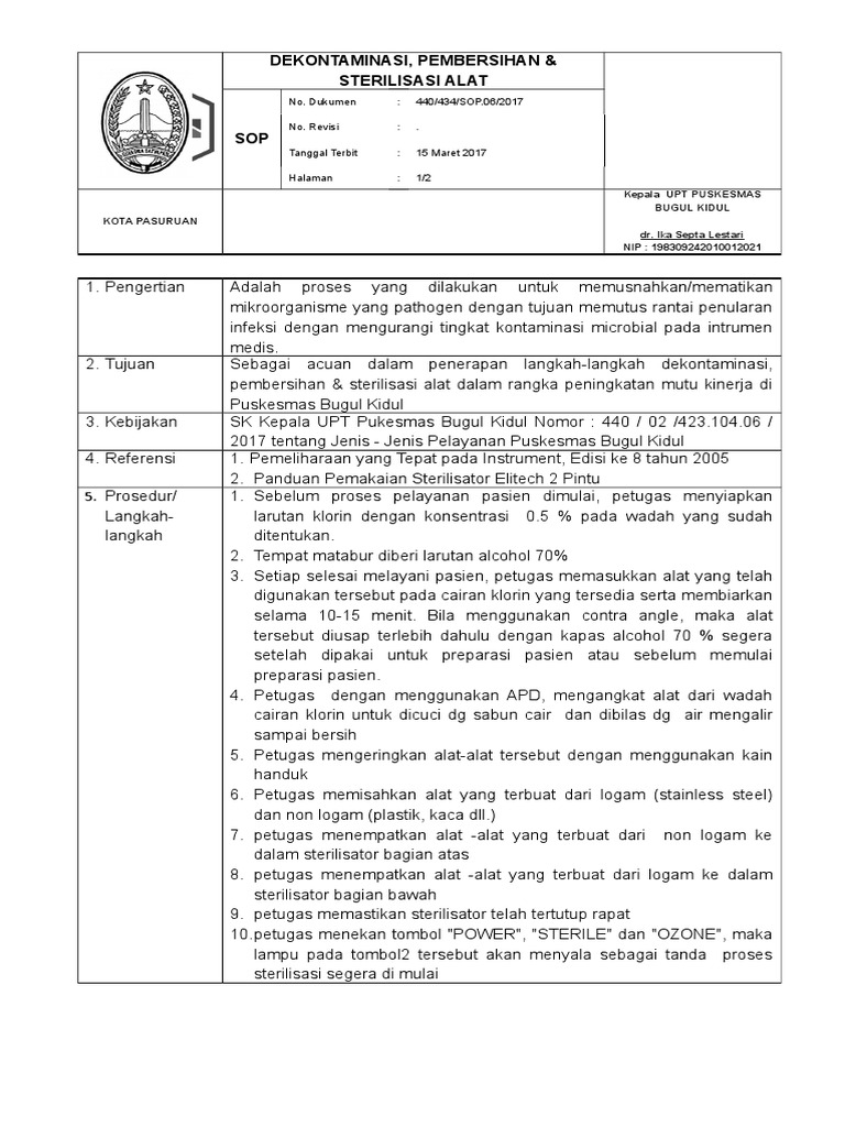 Sop Dekontaminasi, Pembersihan & Sterilisasi Alat | PDF
