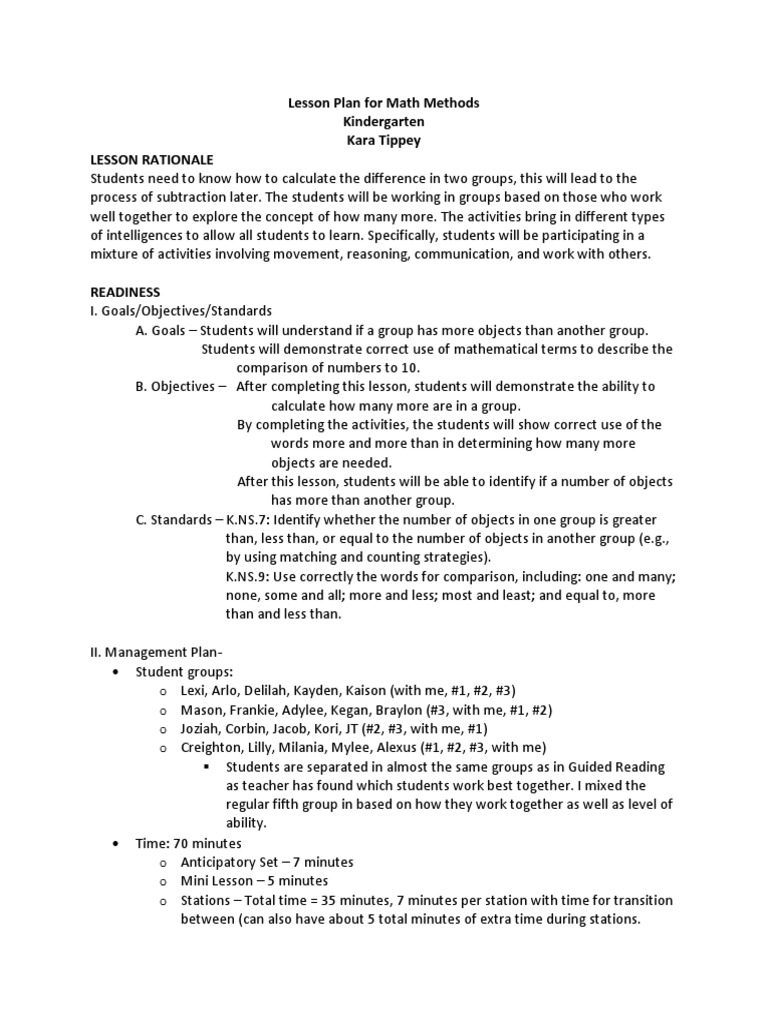 Lesson Plan For Math Methods Kindergarten Kara Tippey Lesson Rationale ...