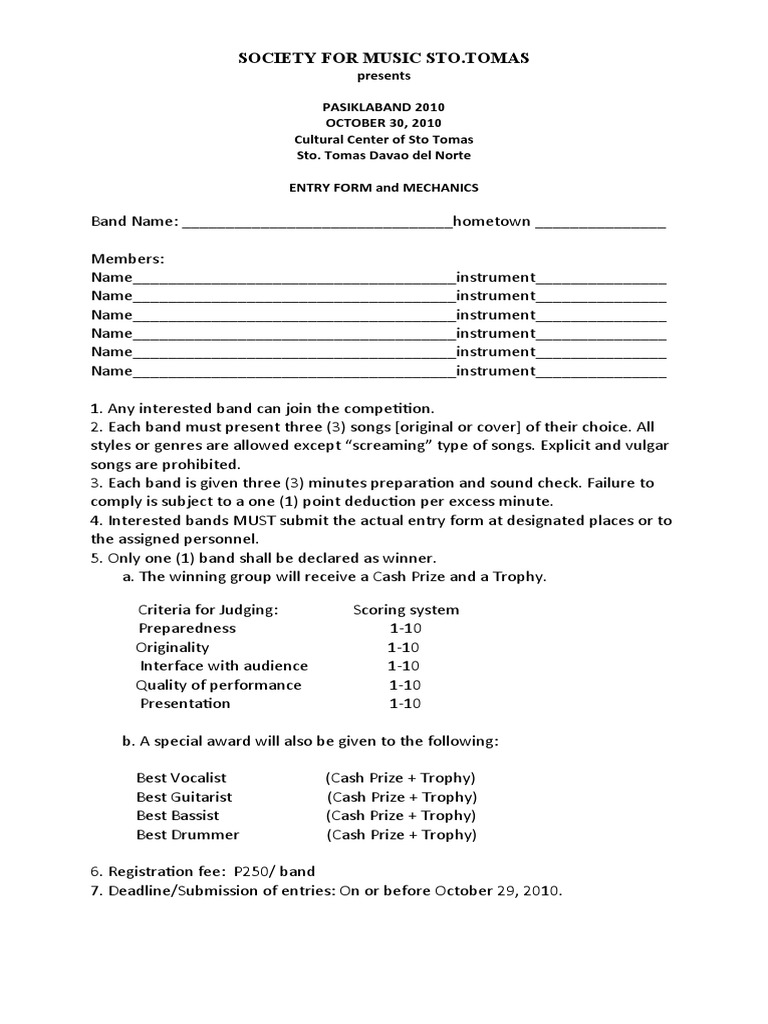 Pasiklaband 2010 Band Competition Entry | PDF