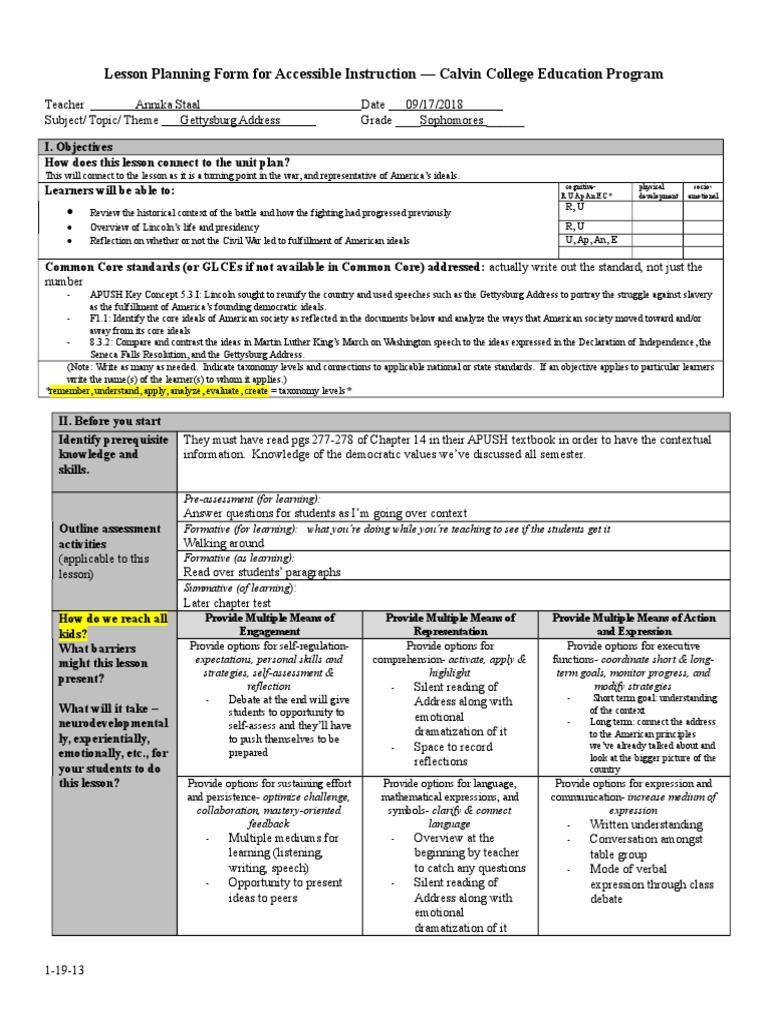 Lesson Plan Gettysburg Address | PDF | Reading Comprehension | Learning