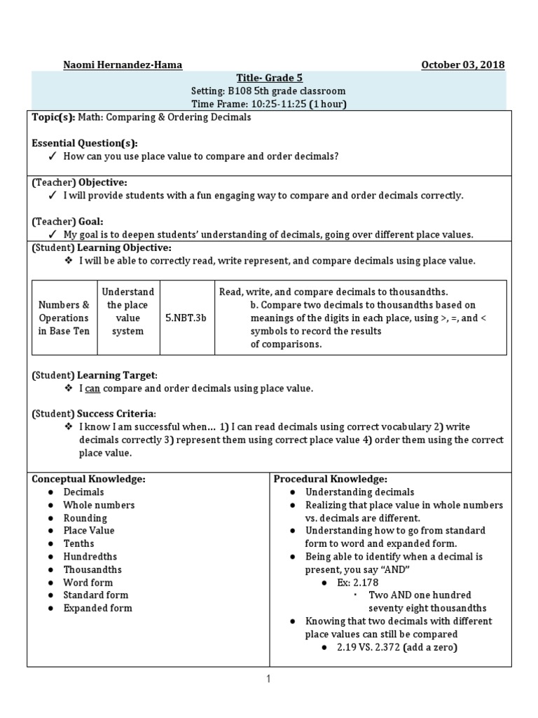 LP Math - Comparing Decimals | PDF | Behavior Modification | Cognition
