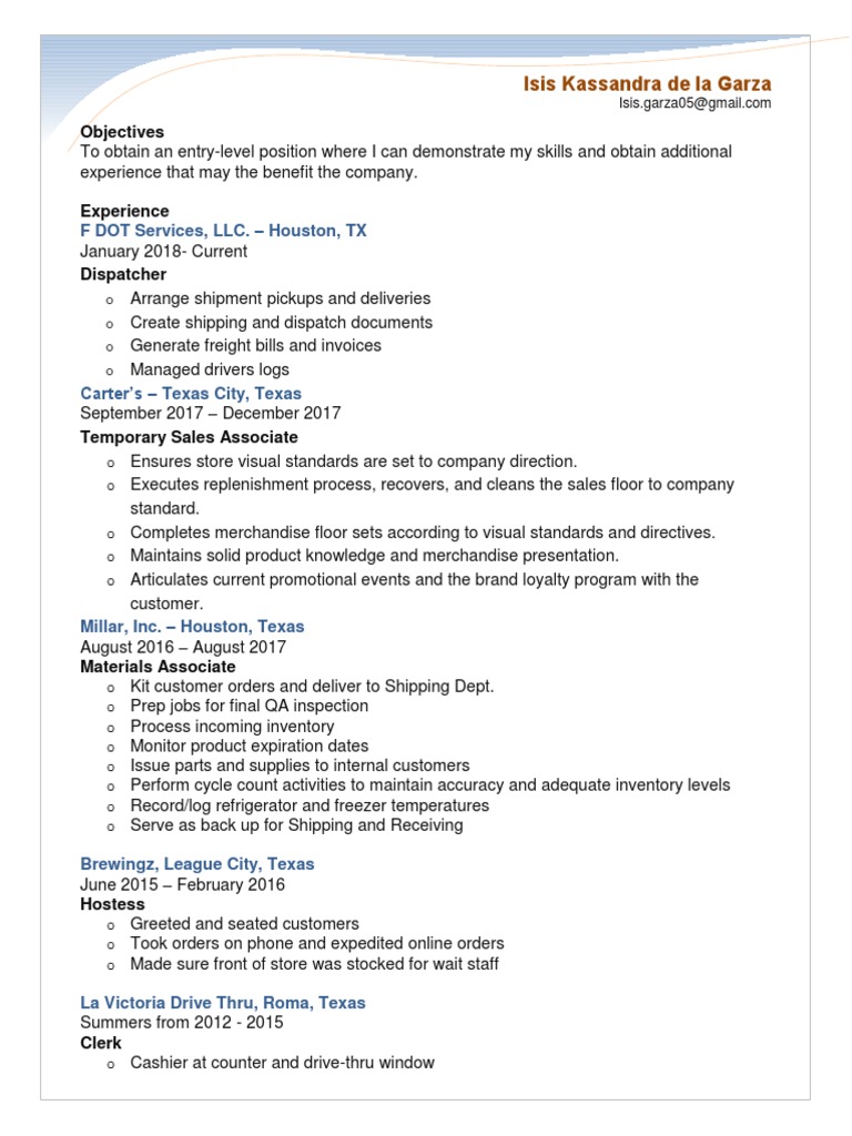 Entry-Level Resume of Isis K. de la Garza | PDF | Inventory | Supply ...