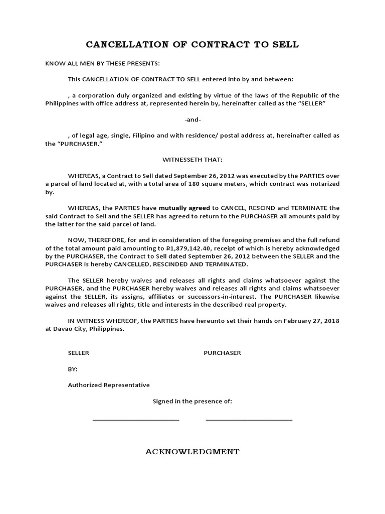 CANCELLATION OF CONTRACT TO SELL.docx | Notary Public | Business Law