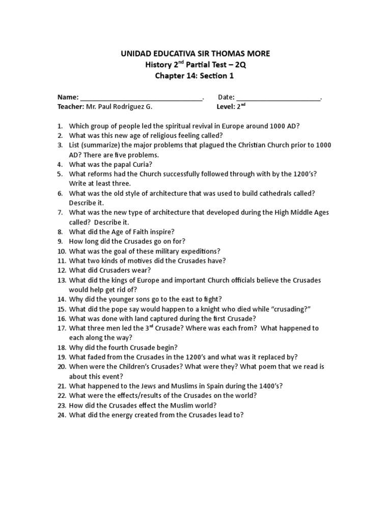 Unidad Educativa Sir Thomas More History 2 Partial Test - 2Q Chapter 14 ...