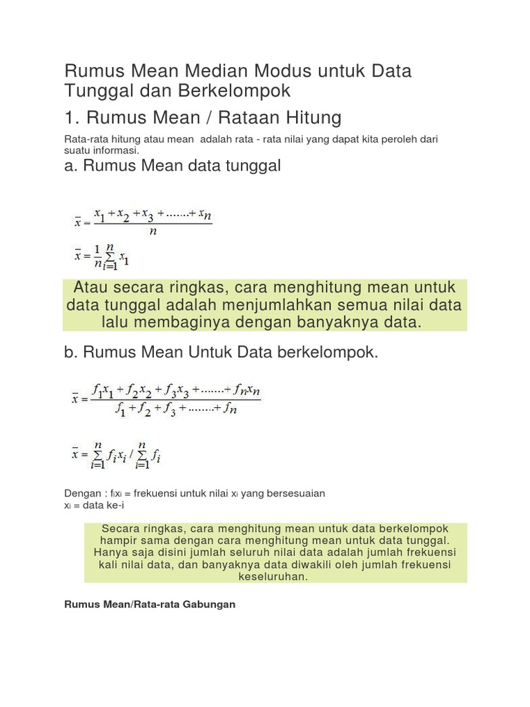Rumus Mean Median Modus Untuk Data Tunggal Dan Berkelompok | PDF
