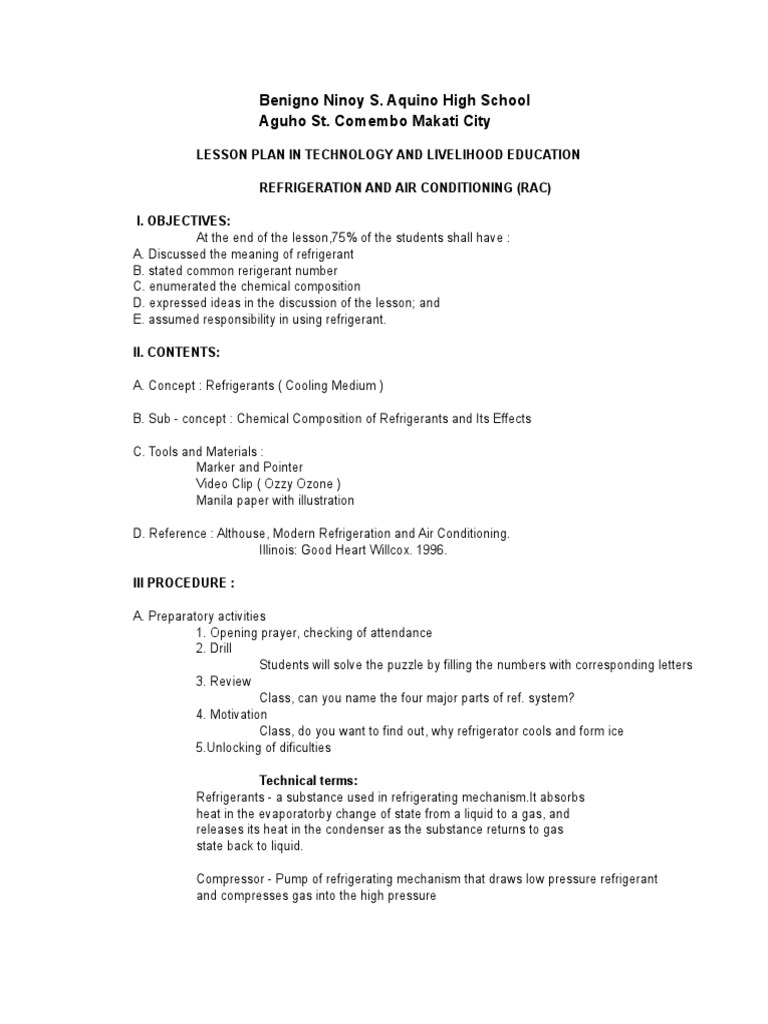 Lesson Plan in Tve (Electricity I) | PDF | Chlorofluorocarbon | Air ...