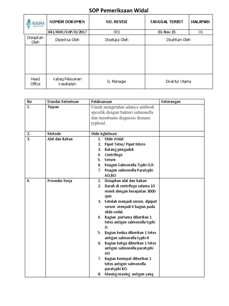 SOP Pemeriksaan Widal | PDF