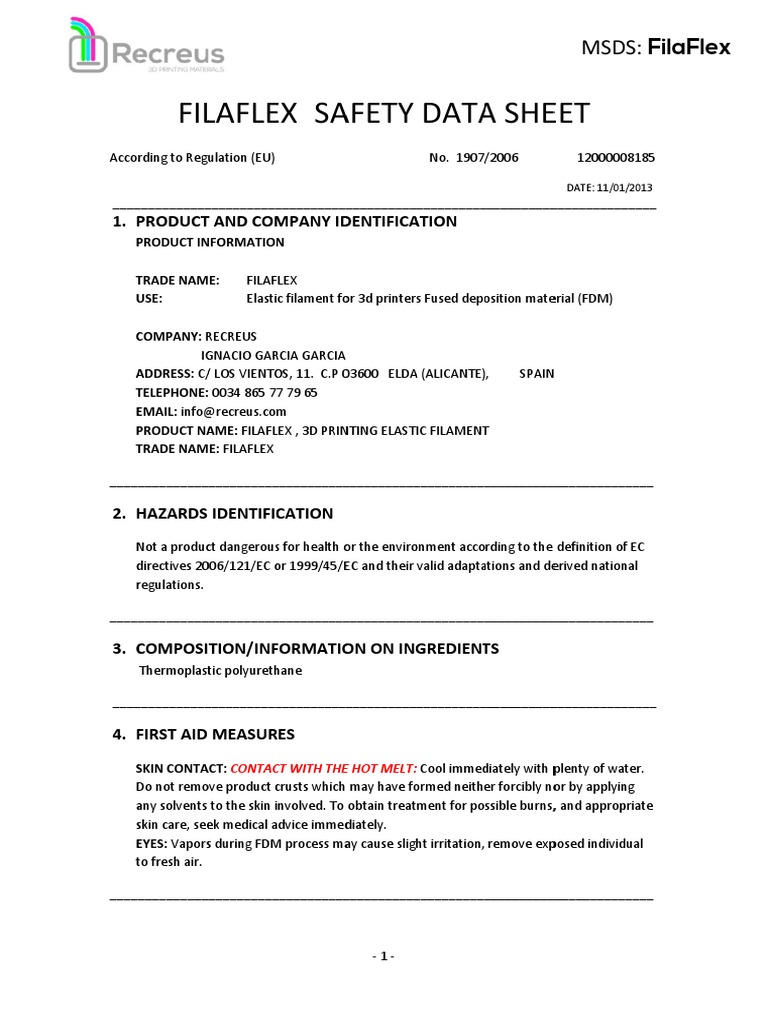 Filaflex Safety Data Sheet | PDF | Breathing | Chemistry
