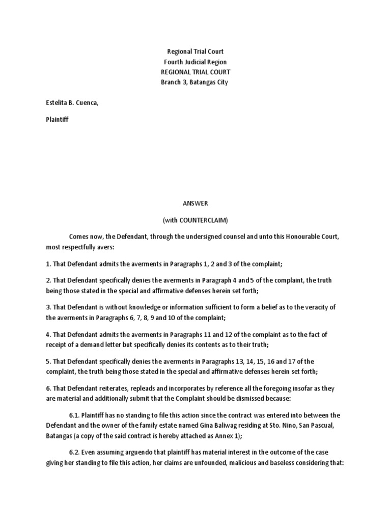 Answer and Counterclaim in Batangas Case | PDF | Complaint | Lawsuit