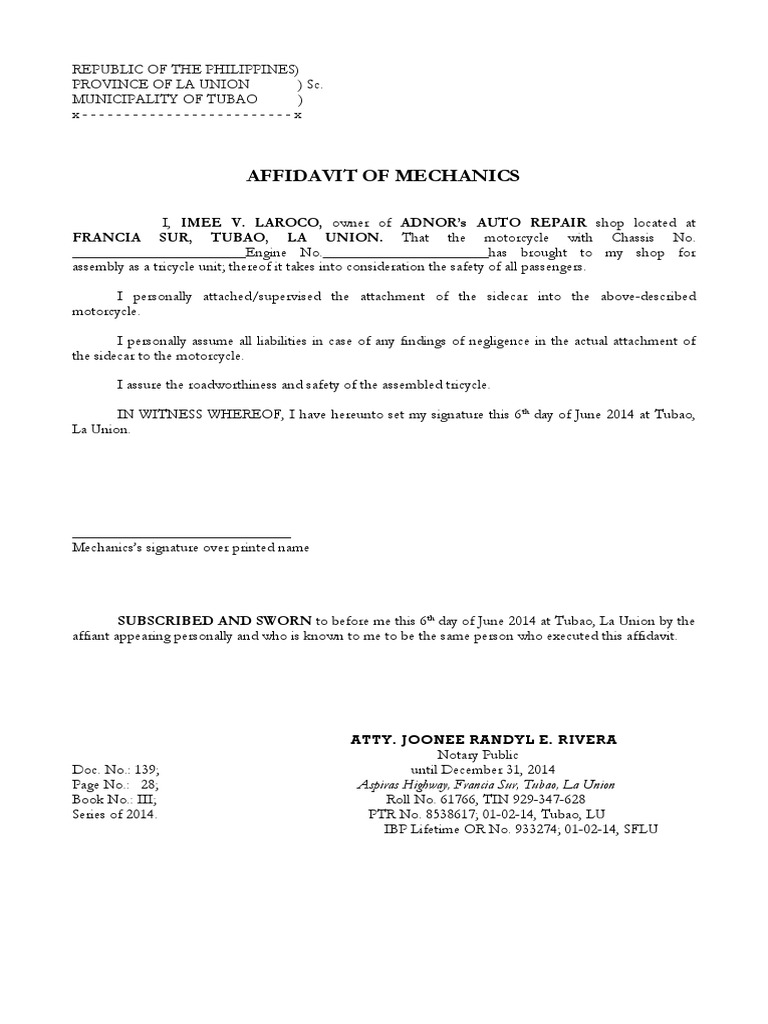 Affidavit of Mechanics Laroco | PDF