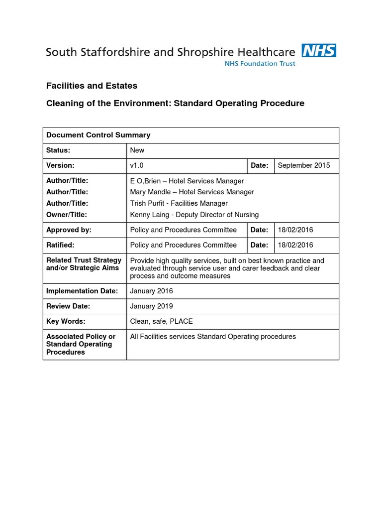 Facilities and Estates Cleaning of The Environment: Standard Operating ...