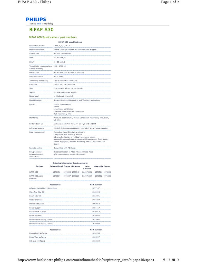 Bipap A30 Specification / Part Numbers | PDF | Breathing | Nature