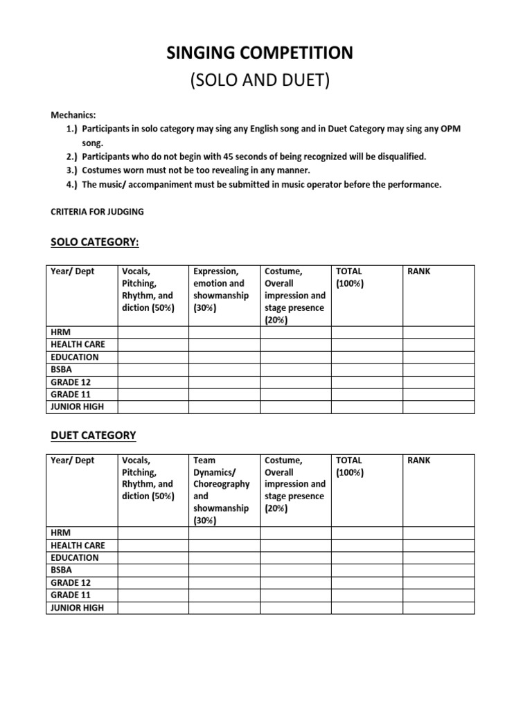 Solo and Duet Singing Contest Criteria | PDF