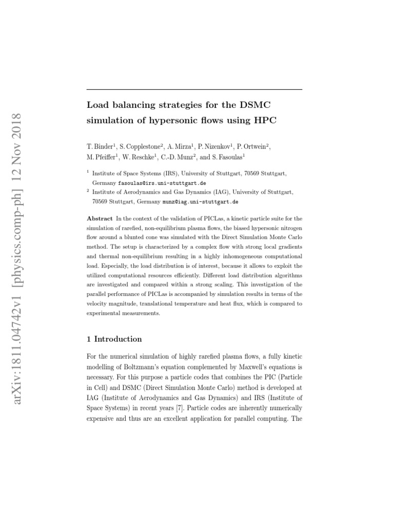 Load Balancing Strategies For The DSMC Simulation of Hypersonic Flows Using HPC | PDF | Maxima ...