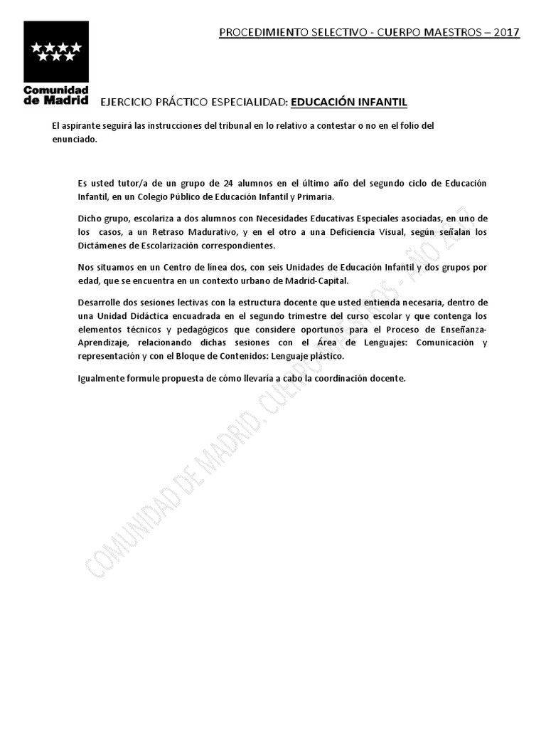 Modelo Ejercicio PR - Ctico OPOS Maestros 2017 - EDUCACI - N INFANTIL | PDF